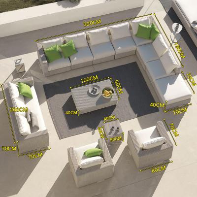 China Modern 6-Seater Patio Rattan Sectional Sofa Set with Fire Pit Table Waterproof Outdoor Furniture for sale