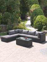 China Modern 6-Seater Patio Rattan Sectional Sofa Set with Fire Pit Table Waterproof Outdoor Furniture for sale