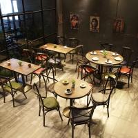 China Customized Retro Industrial Wooden Cafe Restaurant Table and Metal Leather Chair Set JL-4325 for sale