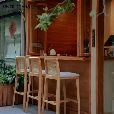 China Nordic Modern Solid Wood Handmade Rattan Bar Stool Seat Height 75cm for Coffee Shop for sale