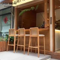 China Nordic Modern Solid Wood Handmade Rattan Bar Stool Seat Height 75cm for Coffee Shop for sale
