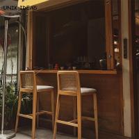 China Nordic Modern Solid Wood Handmade Rattan Bar Stool Seat Height 75cm for Coffee Shop for sale