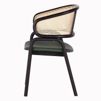 China Modern Nordic Dining Chair Solid Wood Frame Rattan Backrest PU Leather Seat Black for sale