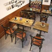 China Retro American Industrial Vintage Style Plywood Wooden Coffee Table and Chairs Fast Food Cross Back Dining Set for sale
