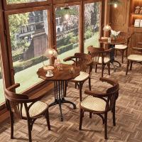 China American Retro Solid Wood Round Coffee Table with Rattan Seat Set for Cafe for sale