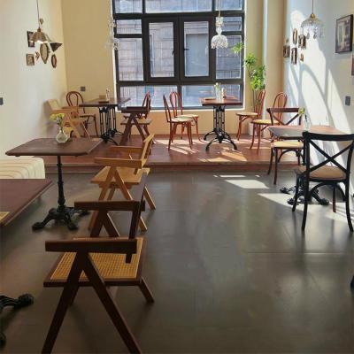 China French Bistro Marble Table and Stackable Wooden Cross Back Restaurant Cafe Chairs Set for sale