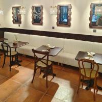 China French Bistro Marble Table and Stackable Wooden Cross Back Restaurant Cafe Chairs Set for sale
