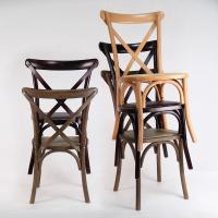 China French Bistro Marble Table and Stackable Wooden Cross Back Restaurant Cafe Chairs Set for sale