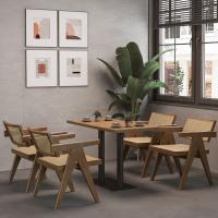 China Retro Solid Wood Dining Table Set with Rattan Chairs for Coffee Shop Restaurant Furniture for sale