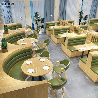 China Commercial Restaurant Leather Booth Sofa Seating Wooden Furniture Set with Table and Chairs for Cafe Shop for sale