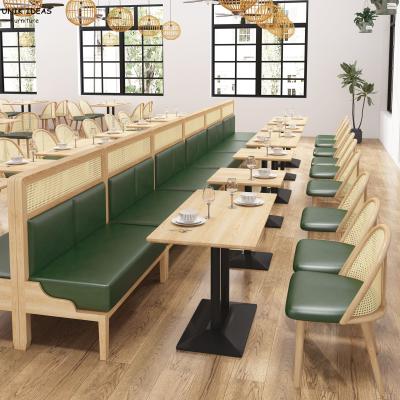 China Modern Restaurant Dining Table and Chairs Set Wooden Rattan Booth Sofa Seating Customizable Size for Coffee Shop for sale