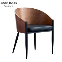 China Wholesale Modern Restaurant Chair Wooden PU Leather Seat Leisure Cafe Dining Armchair Walnut for sale