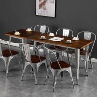 China Industrial Dining Table Set Solid Wood Top Metal Legs Rectangular 120x60cm Restaurant Furniture with Chairs for sale