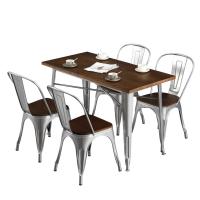 China Industrial Dining Table Set Solid Wood Top Metal Legs Rectangular 120x60cm Restaurant Furniture with Chairs for sale