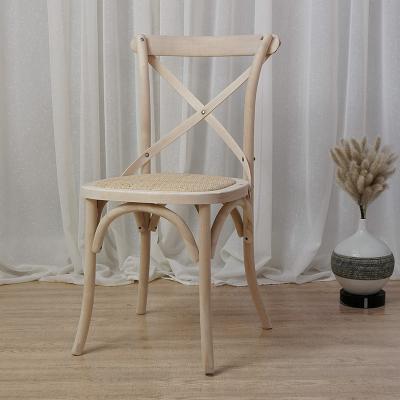 China Vintage Farmhouse Wooden Cross Back Chair with Woven Rattan Seat for Cafe Bistro Restaurant Commercial Use for sale