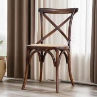 China Vintage Farmhouse Wooden Cross Back Chair with Woven Rattan Seat for Cafe Bistro Restaurant Commercial Use for sale