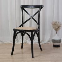 China Vintage Farmhouse Wooden Cross Back Chair with Woven Rattan Seat for Cafe Bistro Restaurant Commercial Use for sale