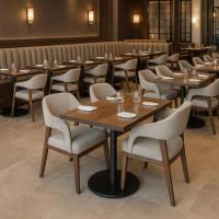 China Luxury Upholstered Restaurant Chair with Curved Armrest Solid Wood Frame 500mm Seat Height for sale