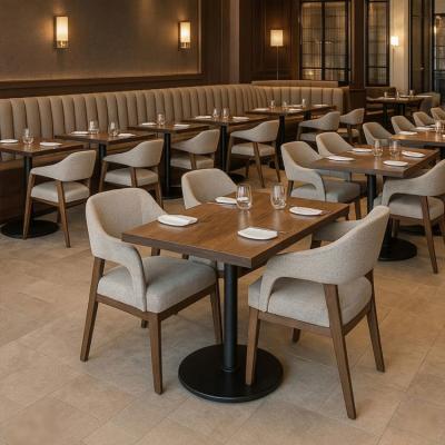 China Luxury Upholstered Restaurant Chair with Curved Armrest Solid Wood Frame 500mm Seat Height for sale