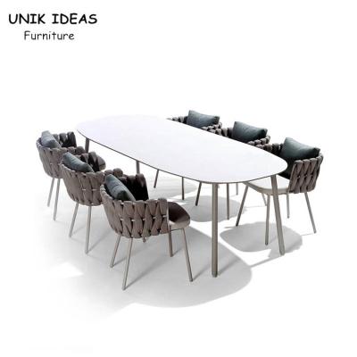 China Outdoor Waterproof Rope Woven Dining Chair Set with Aluminum Frame 200cm Table for sale
