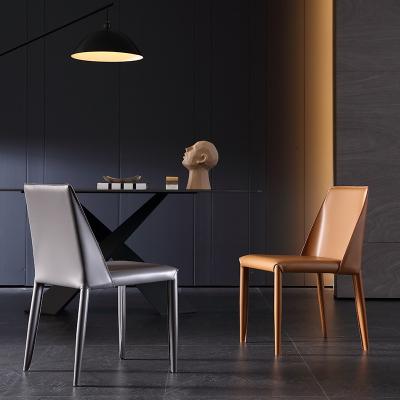 China Black Minimalist Dining Chair Saddle Brown Leather 50cm Seat Height Metal Leg PU Seat for sale