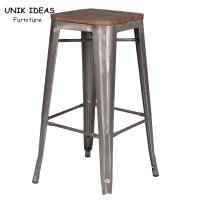 China Industrial Bar Stool 40x40x90cm Black Wood Seat Metal High Chair Stackable for sale