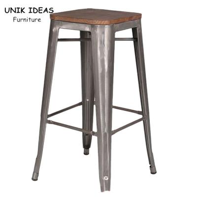 China Industrial Bar Stool 40x40x90cm Black Wood Seat Metal High Chair Stackable for sale
