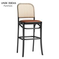 China French Bistro Rattan Bar Stool White Counter Height Solid Wood Back Chair 65cm Seat Height for sale