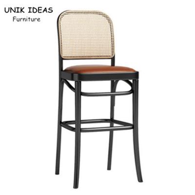 China French Bistro Rattan Bar Stool White Counter Height Solid Wood Back Chair 65cm Seat Height for sale
