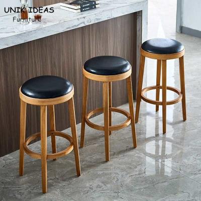 China Mid Century Vintage Bar Stool Solid Wood Leather Round Restaurant Seat UK-BS015 for sale