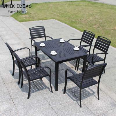 China Black Aluminum Patio Dining Table 120x80x73cm with Plastic Wood for 7-Piece Garden Set for sale