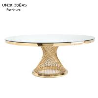 China 72 Inch Round Folding Banquet Table Gold Stainless Steel Glass Top 1600mm Diameter for sale