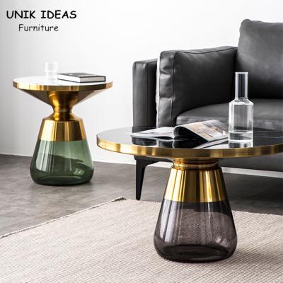 China 75x47cm Round Nesting Coffee Table Black Glass Base Aluminum Alloy Frame Gold for sale