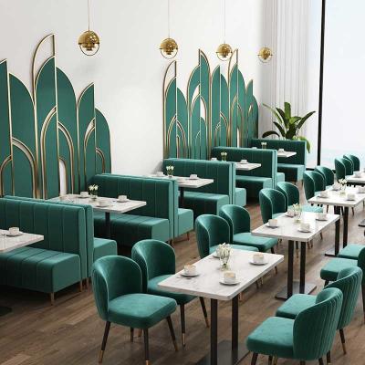 China Green Velvet Restaurant Dining Table and Chairs Booth Cafe Set Solid Wood Frame Gold Legs for sale