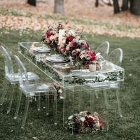 China Handmade Clear Acrylic Dining Table Ghost Surface Top 200x100x75cm for sale