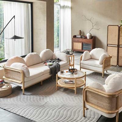 China Wood Rattan Living Room Sofa Country Style Sponge Upholstery Teddy Fabric 210cm for sale
