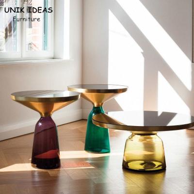 China Luxury Metal Glass Top Coffee Table Hand Blown Glass Base 50x53cm for sale