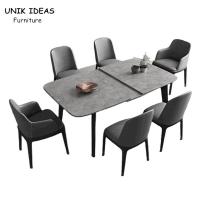 China Minimalist 6 7 8 Seater Marble Dining Table Set 130cm 140cm Rock Board Top Steel Frame for sale