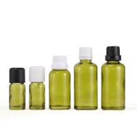 China 10ml 15ml 30ml Olive Green Orifice Reducer Essential Oil Glass Bottle with Lid for sale