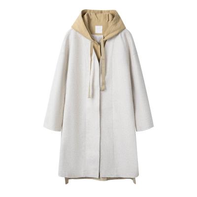 China Women's Wool-Blend Long Coat with Contrast Hood and Relaxed Straight Fit in Light Oatmeal for sale