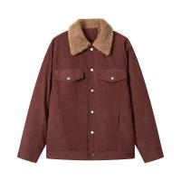 China Chestnut Brown Corduroy Shell Sherpa Lined Trucker Jacket with Snap Front Closure for sale