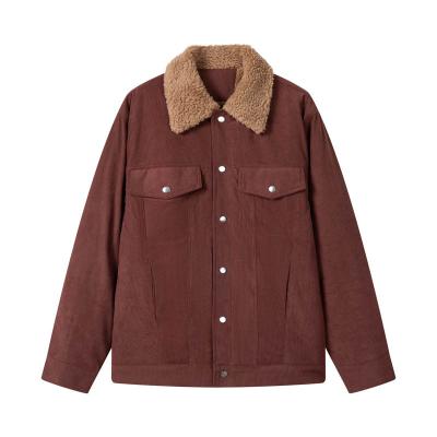 China Chestnut Brown Corduroy Shell Sherpa Lined Trucker Jacket with Snap Front Closure for sale