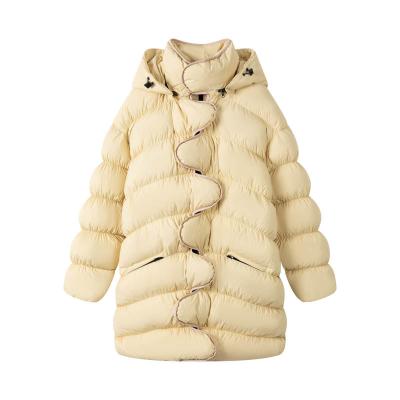 China Light Butter Yellow Wavy Placket Heavy Winter Jacket with Lightweight Synthetic Padding and Detachable Hood for sale