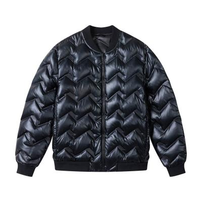 China Men's Glossy Black Chevron Quilted Puffer Bomber Jacket with Regular Fit for Urban Wear for sale