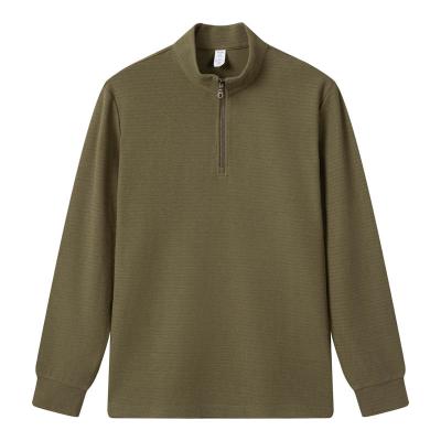 China Olive Green Zip-up Sweatshirt with Ribbed Knit Texture and 50% Cotton 50% Polyester Blend for sale