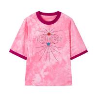 China Unisex Oversized Relaxed Fit Pink Tie-Dye Graphic Tee with Contrast Rib Neck & Cuffs in Cotton-Rich Jersey Knit for sale