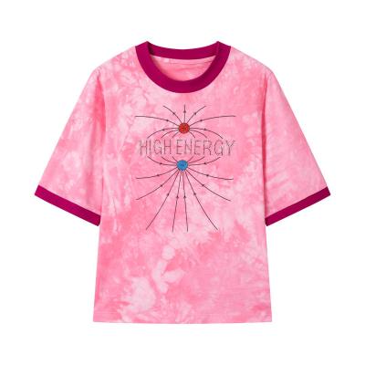 China Unisex Oversized Relaxed Fit Pink Tie-Dye Graphic Tee with Contrast Rib Neck & Cuffs in Cotton-Rich Jersey Knit for sale