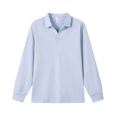 China Women's Light Blue Long Sleeve Polo Top with Breathable Piqué Knit and V-Neck Placket for sale