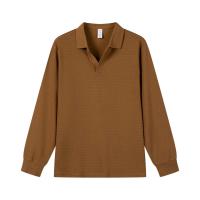 China Cotton-Rich Textured Waffle Knit Long Sleeve Polo Shirt in Caramel Brown with V-Neck Placket for sale
