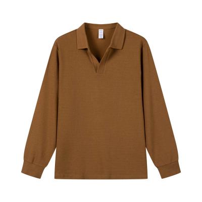 China Cotton-Rich Textured Waffle Knit Long Sleeve Polo Shirt in Caramel Brown with V-Neck Placket for sale